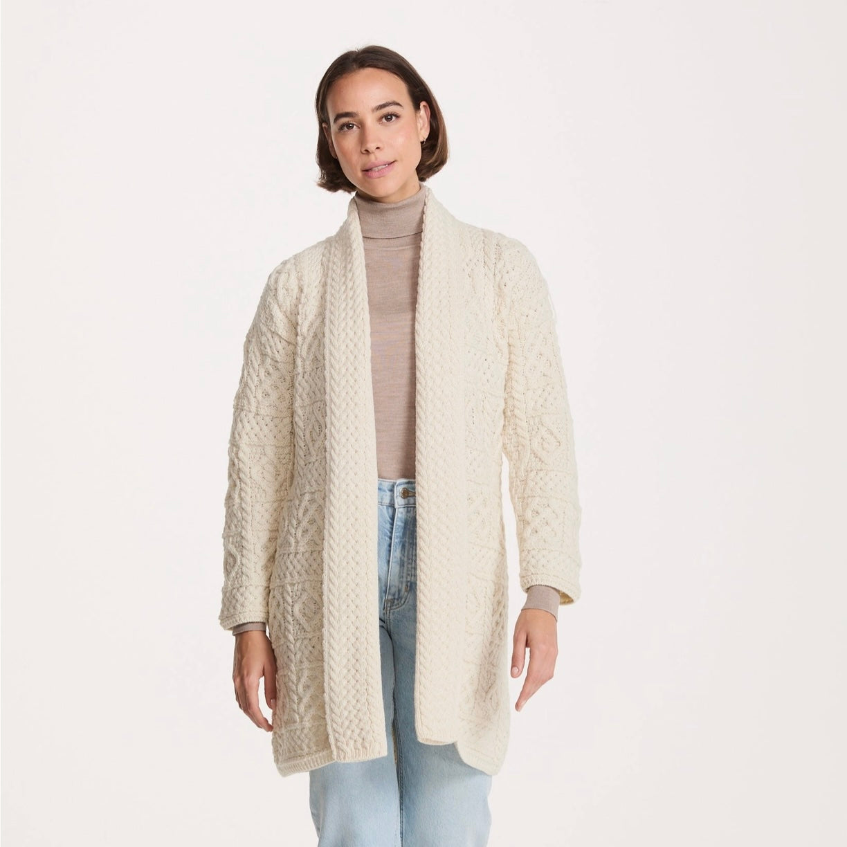 Tara Ladies Merino Aran Long Shawl Cardigan - Cream – Ann Marie's